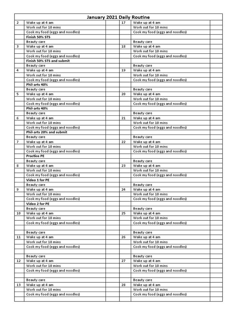 January 2021 Daily Routine: Finish 50% STS | PDF | Cuisine | Foods