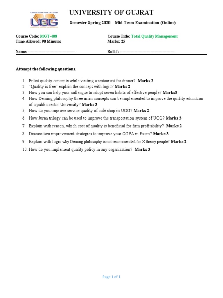 University of Gujrat: Semester Spring 2020 - Mid Term Examination (Online) | PDF | Career ...