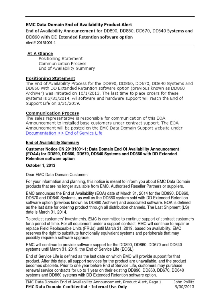 Docu51615 - Announcing End of Life (EOL) of EMC Data Domain DD890 ... Docu51615 - Announcing End of Life (EOL) of EMC Data Domain DD890 ...