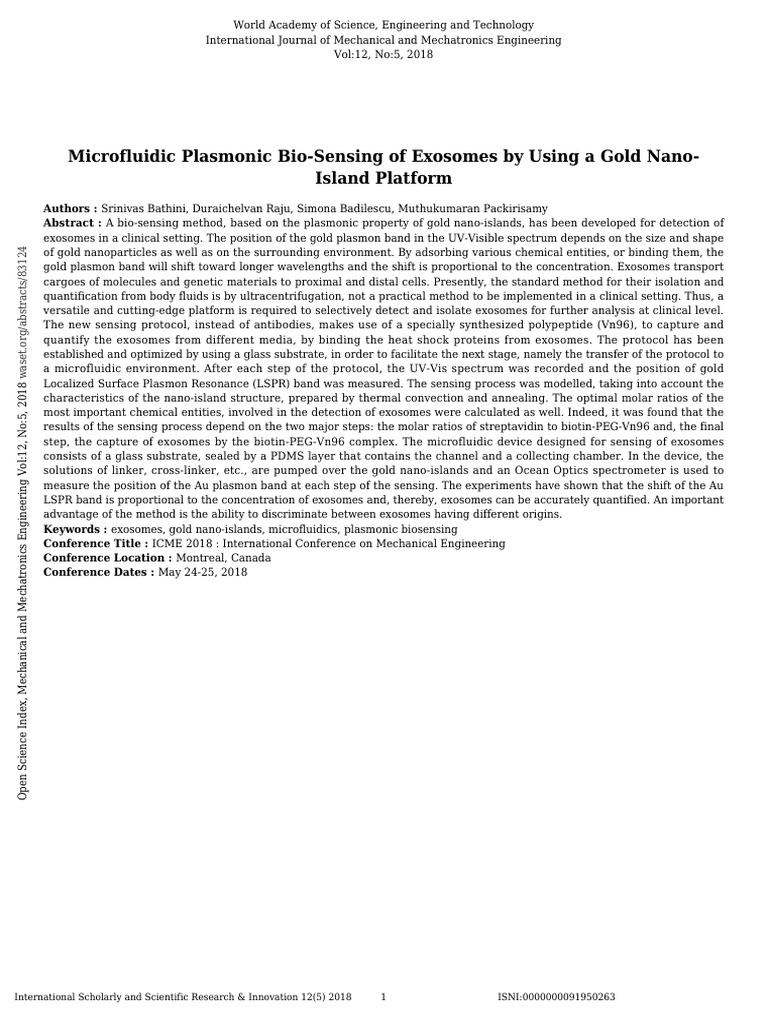 Microfluidic Plasmonic Bio-Sensing of Exosomes by Using A Gold Nano-Island Platform | PDF ...