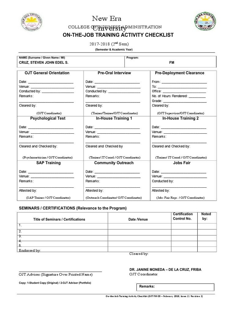 Business Admin OJT Checklist | PDF | Behavior Modification | Human Communication