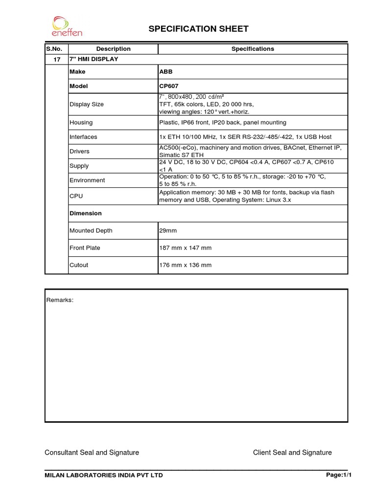 Specification Sheet: S.No. Description Specifications 17 Make ABB Model ...