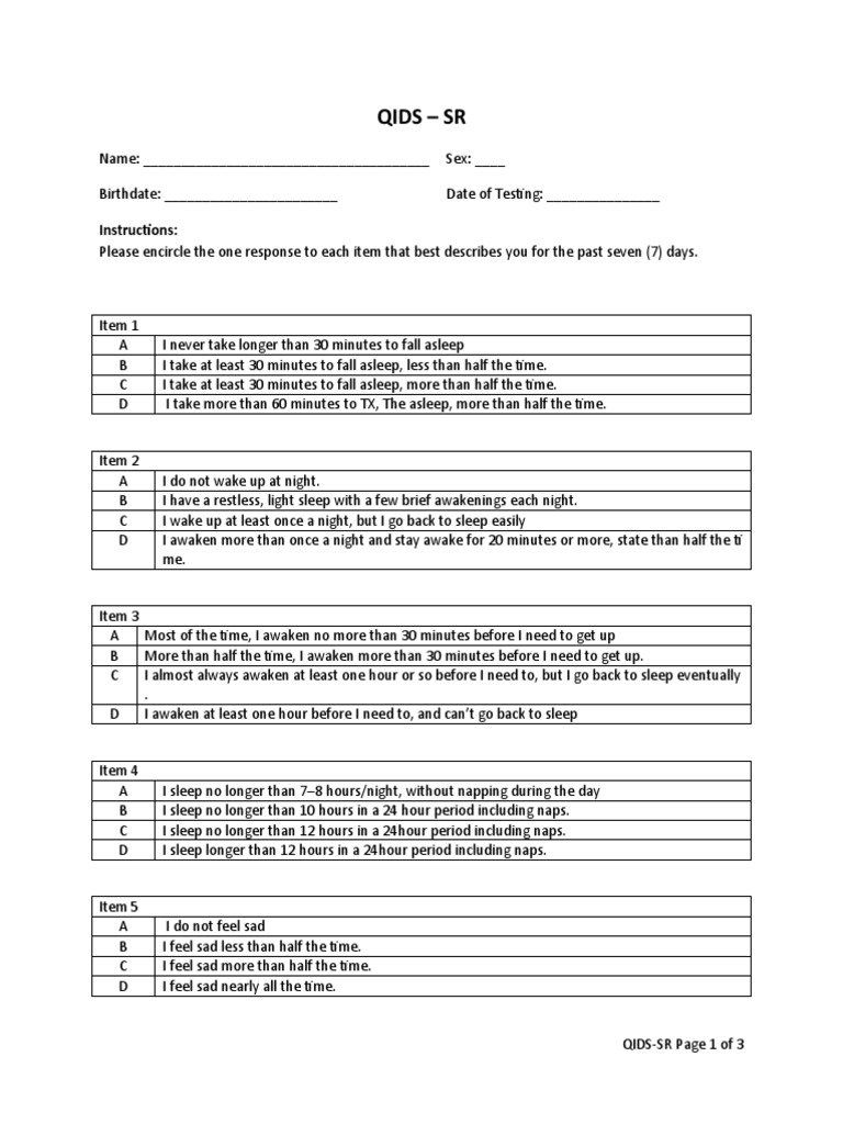Qids - SR: Instructions | PDF | Major Depressive Disorder | Mental And ...