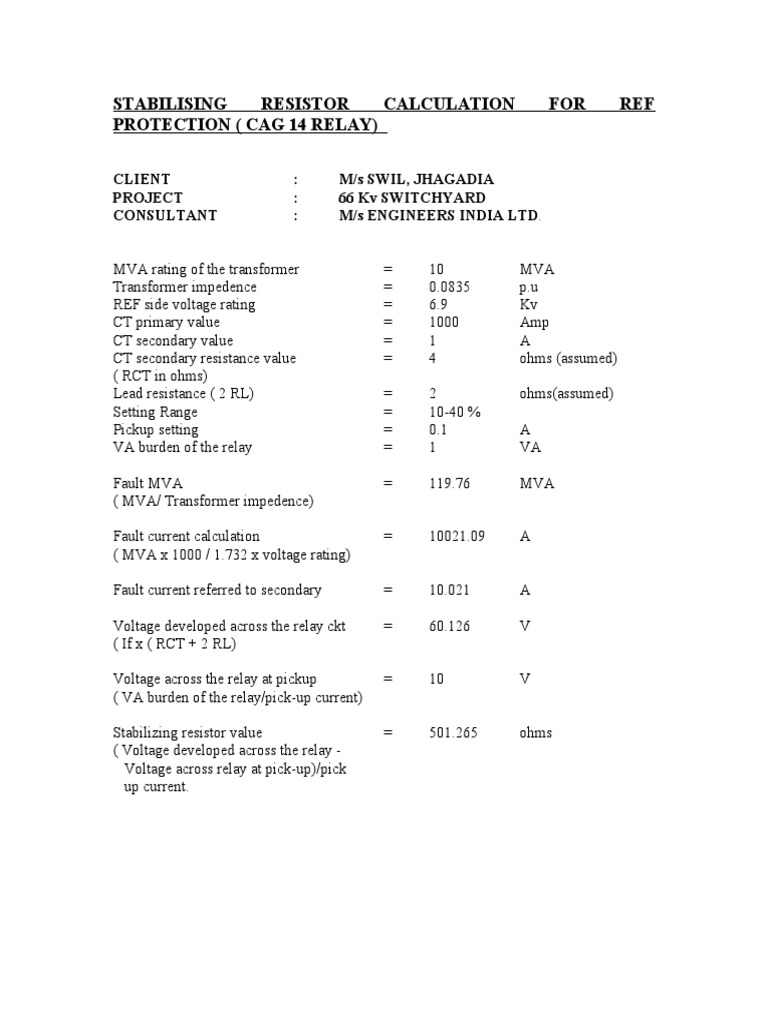Stabilising Resistor Calculation For Ref Protection (Cag 14 Relay ...