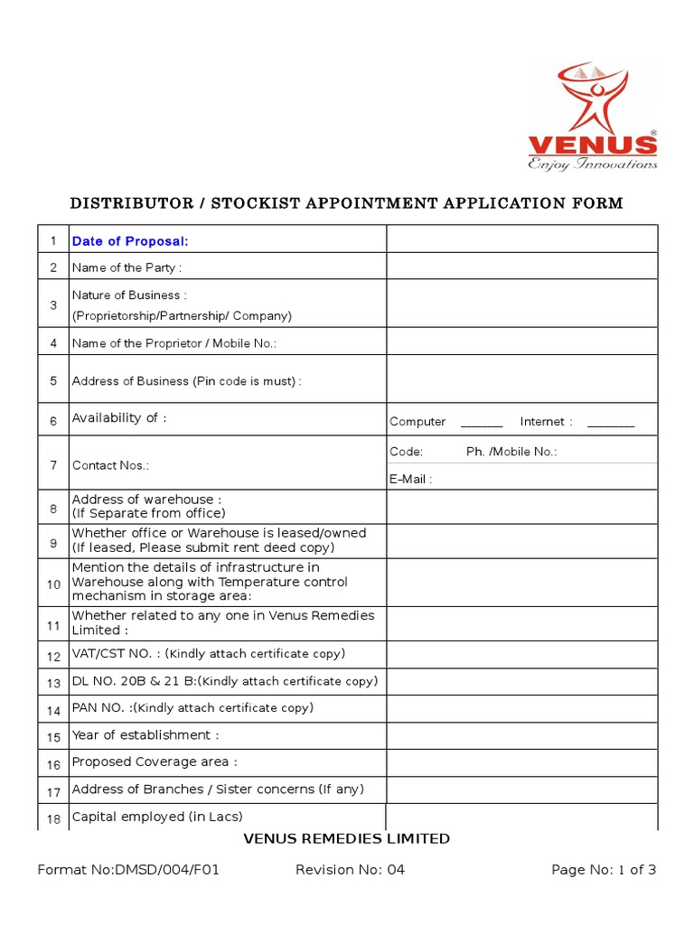 Distributor-Stockist Appointment Application Form PDF | PDF | Economies ...