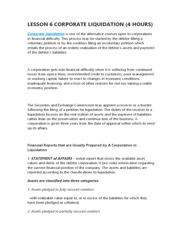 Lesson 6 Corporate Liquidation | PDF | Liquidation | Unsecured Debt