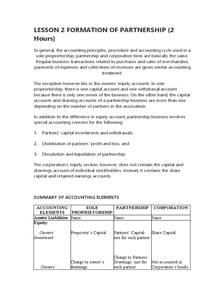 Lesson 2 Formation of Partnership | PDF | Debits And Credits | Sole ...