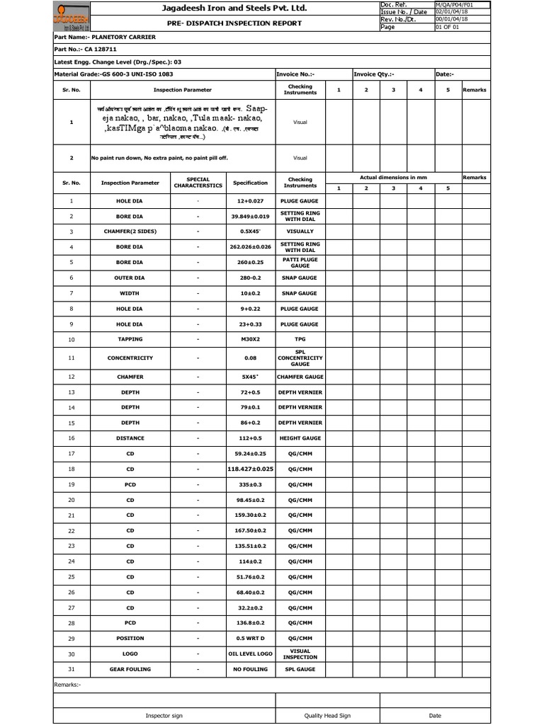 Pre-Despatch Inspection Report IATF | PDF | Tools | Mechanical Engineering