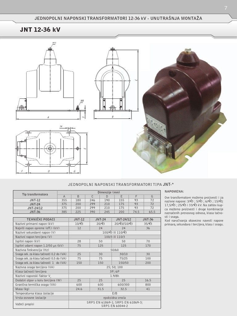 JNT 12-36 KV: Jednopolni Naponski Transformatori 12-36 KV - Unutrašnja Montaža | PDF