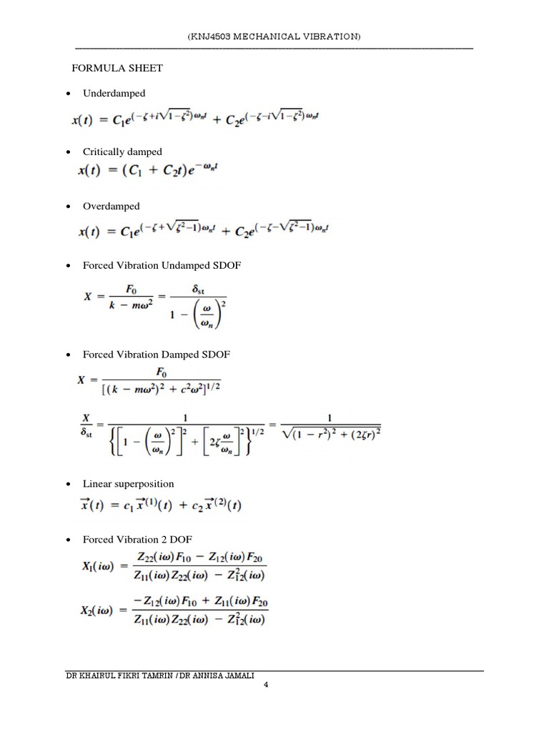 Formula Sheet Underdamped: (Knj4503 Mechanical Vibration) | PDF