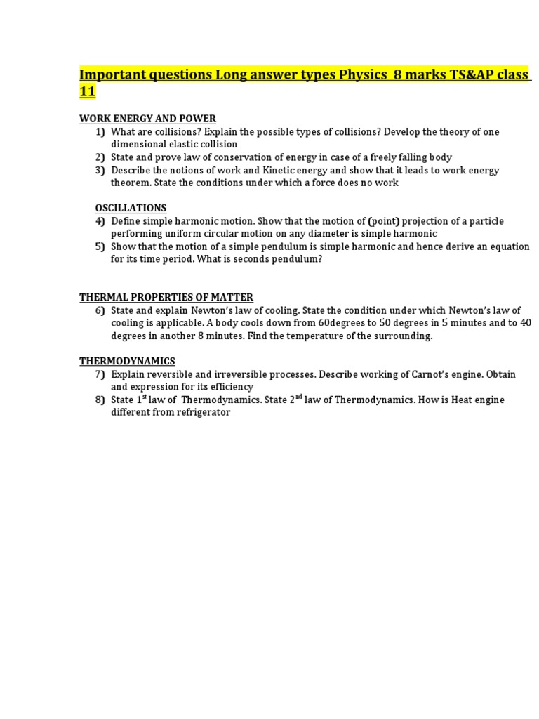 Important Questions Long Answer Types Physics 8 Marks TS&AP Class 11 ...