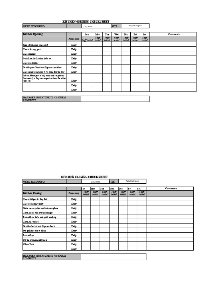 Kitchen Opening Check Sheet: Week Beginning: Site | PDF | Home ...