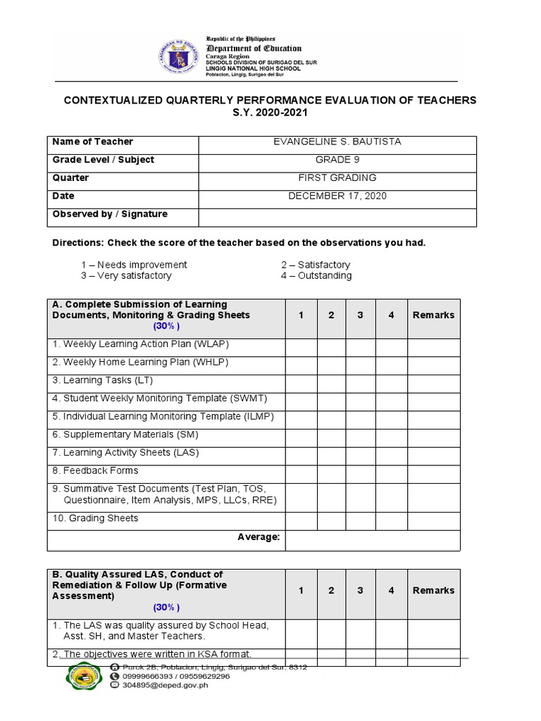 Contextualized Quarterly Performance Evaluation of Teachers S.Y. 2020 ...