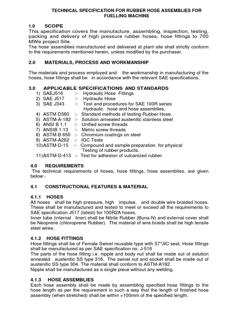 Hydraulic Hose Assembly Specifications | PDF | Stainless Steel ...
