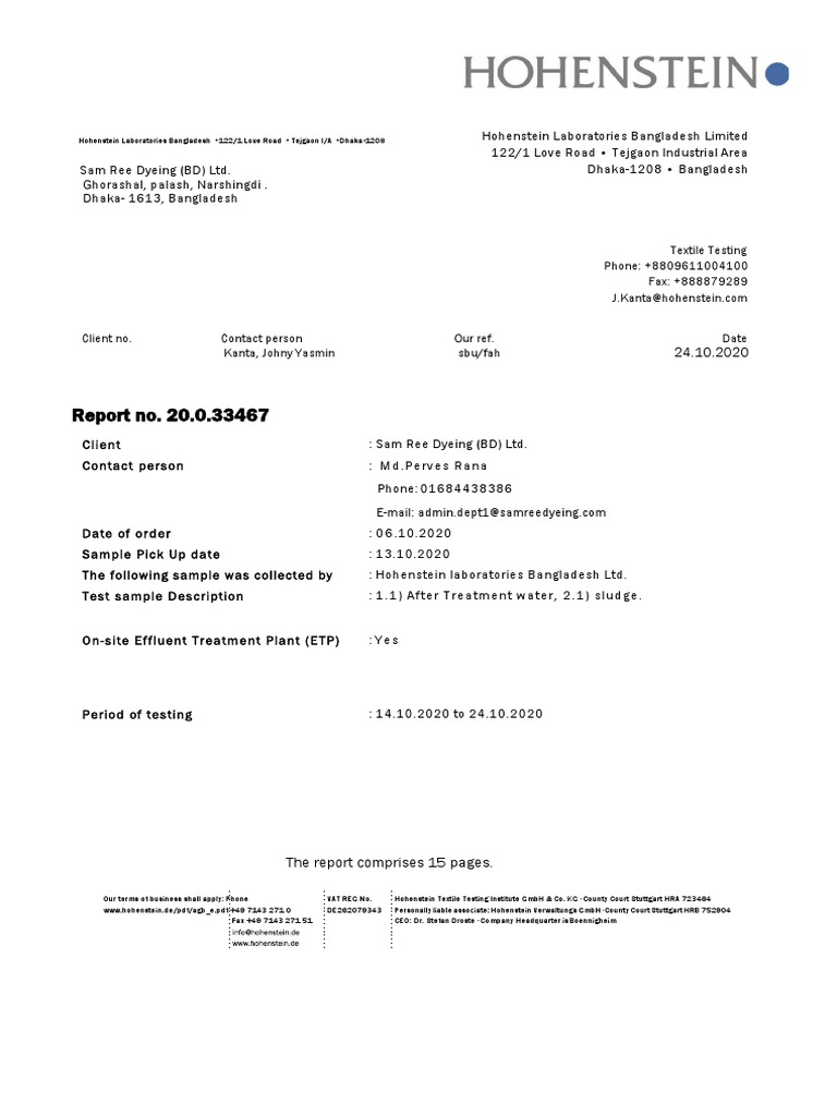 Waste Water Test Report No 20 0 33467 Sam Ree Dyeing BD LTD | PDF ...