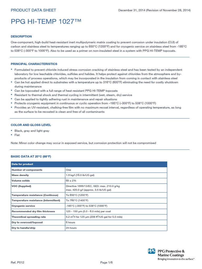 PPG-Hi-Temp 1027 - Pds | PDF | Stainless Steel | Corrosion