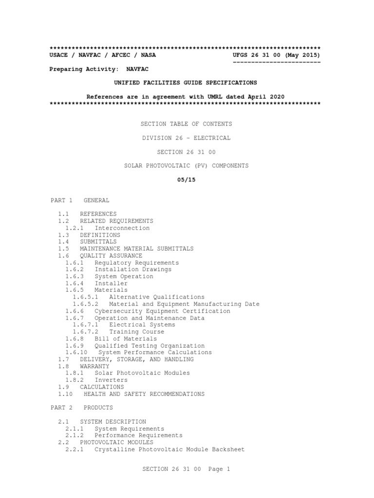 UFGS Solar Panel Specification | PDF | Photovoltaic System | Photovoltaics