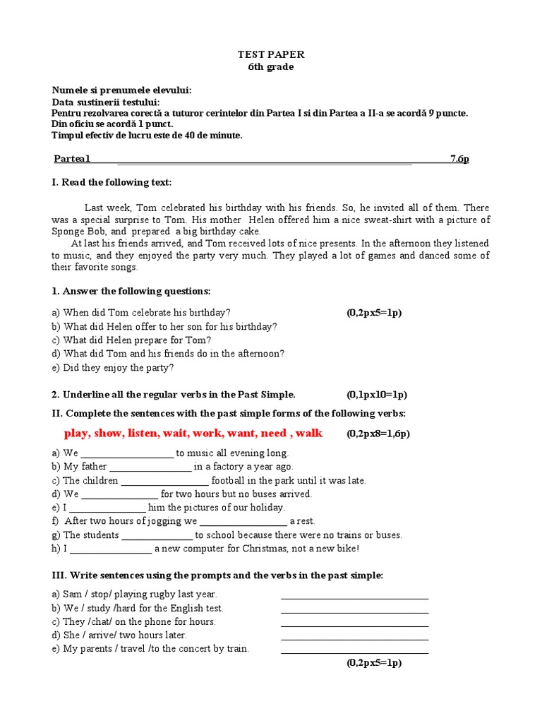 Test Paper 6th Grade | PDF