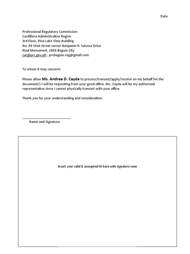 Authorization Letter For PRC | PDF