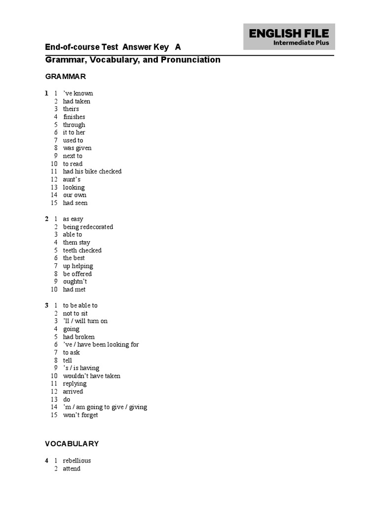 End-Of-Course Test Answer Key A Grammar, Vocabulary, and Pronunciation ...