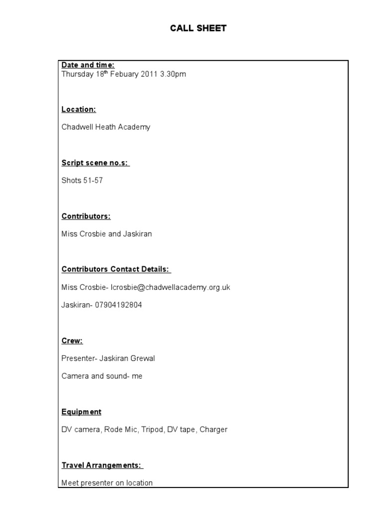 Call Sheet 1 | PDF