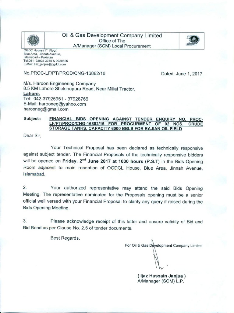 Financial Bid Opening Letter Invitation | PDF