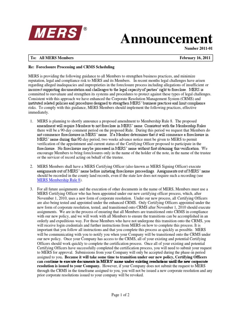 MERS Foreclosure Process Update | PDF | Foreclosure | Government