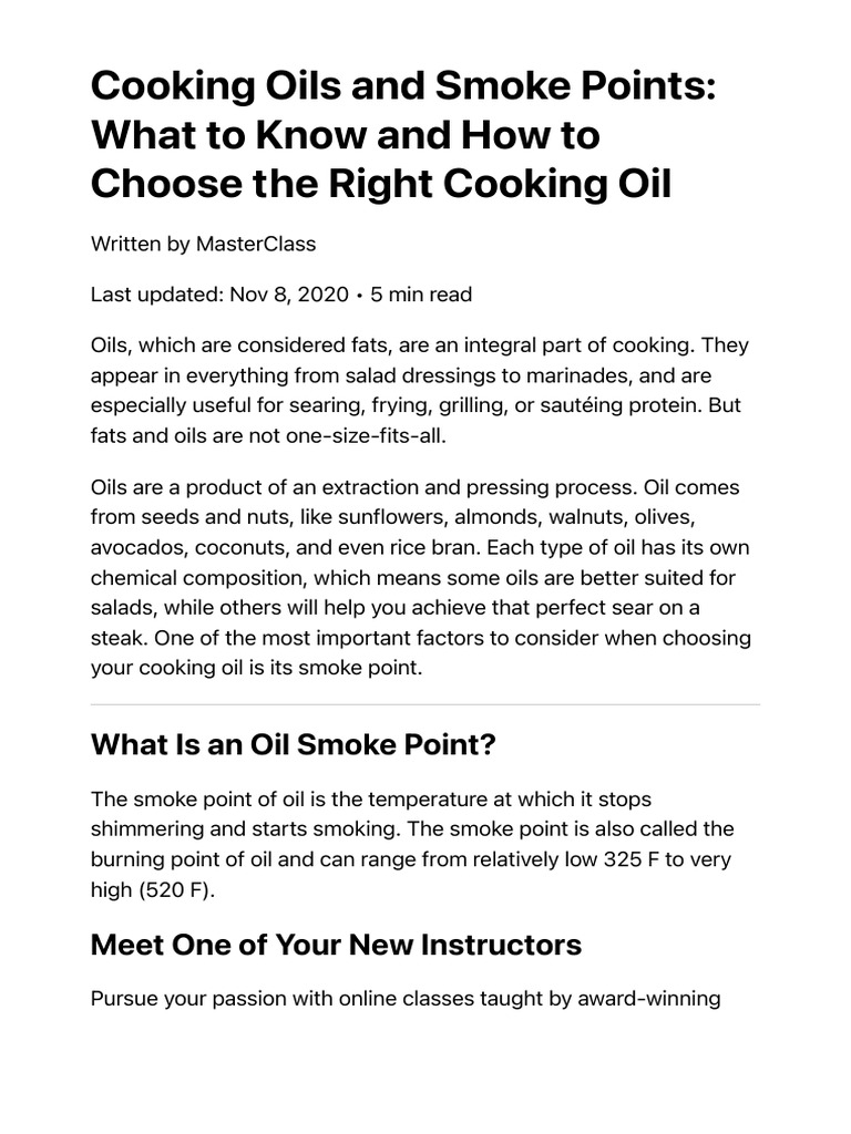 Cooking Oil Smoke Points Guide | PDF | Cooking Oil | Fat