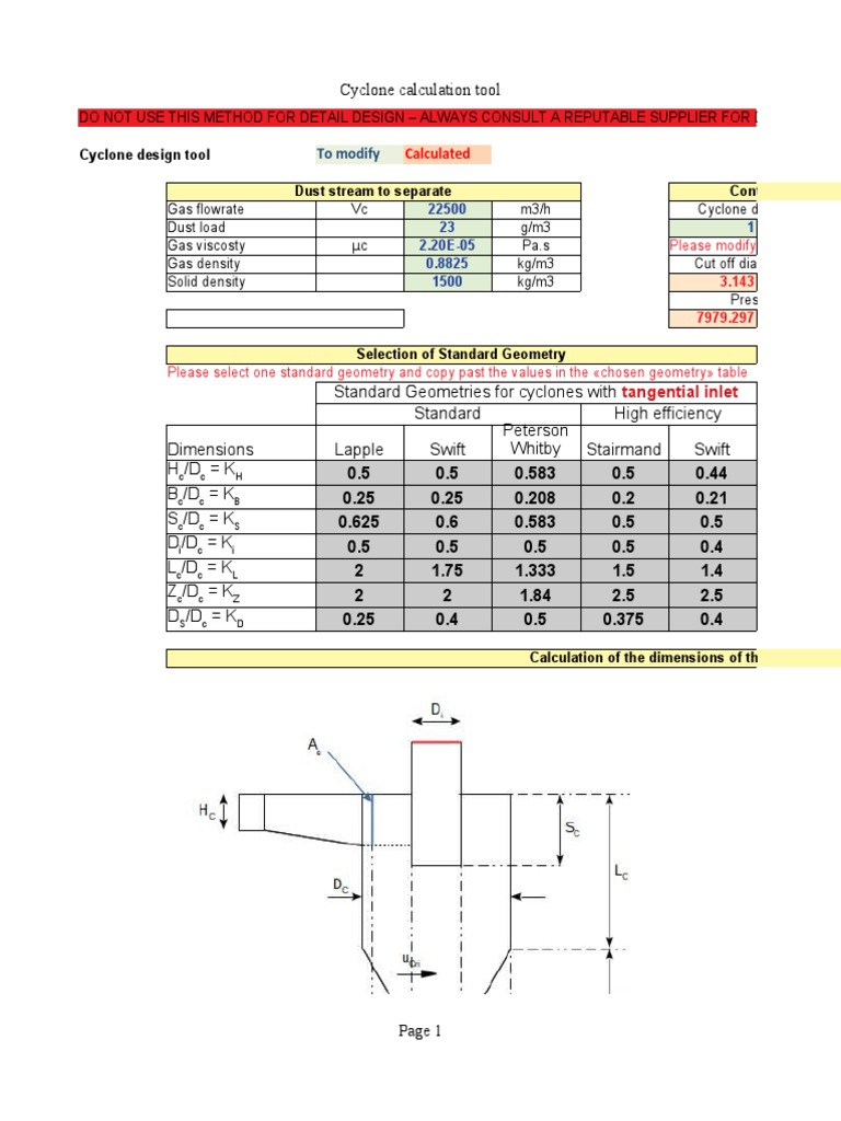 Cyclone Design Calculation Tool Simplified | PDF | Physical Quantities ...