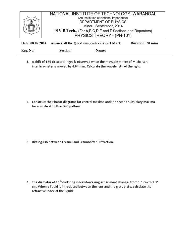Merged Physics-Minor-1 Question Paper Bank | PDF | Diffraction | Interferometry