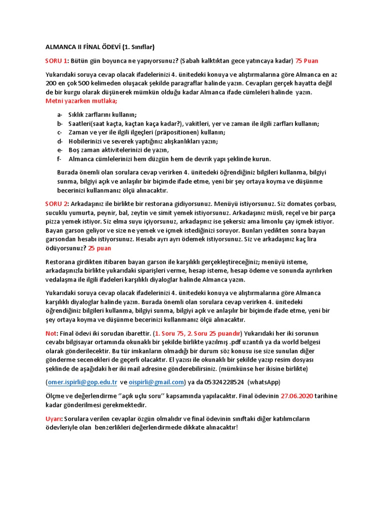 Almanca Ii Fi̇nal Ödevi̇ 1. Siniflar | PDF