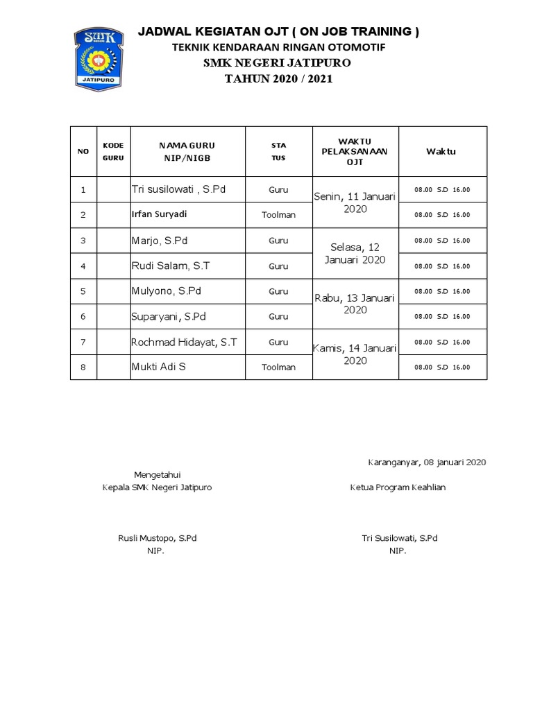 Pembagian Jadwal Ojt Daihatsu | PDF