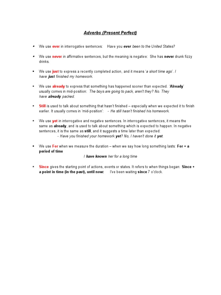 Adverbs Present Perfect | PDF