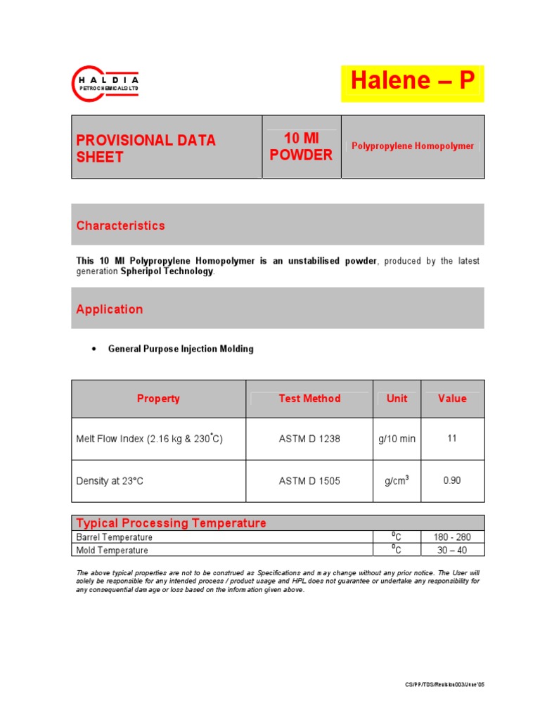 Halene Polypropylene Homopolymer 10 MI Powder Data Sheet | PDF