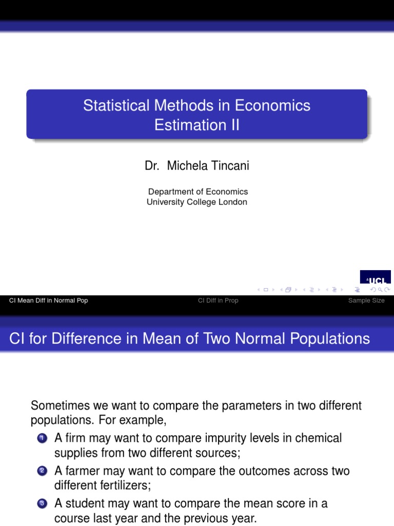 Statistical Methods in Economics Estimation II: Dr. Michela Tincani | PDF | Confidence Interval ...