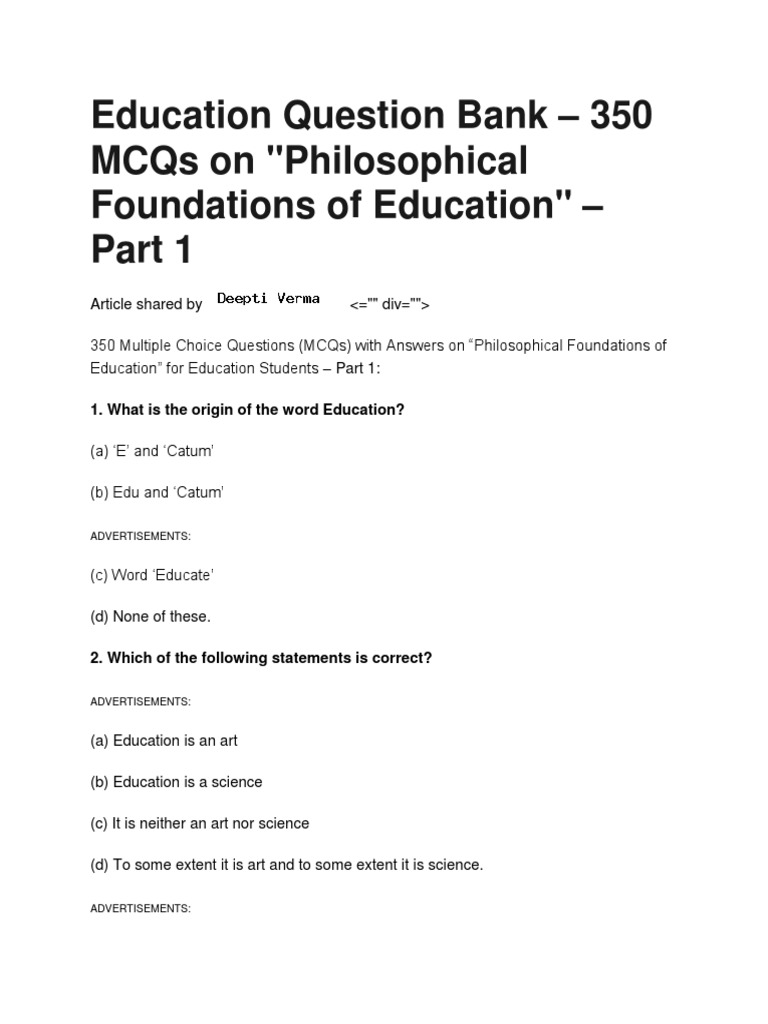 Education Question Bank - 350 Mcqs On "Philosophical Foundations of ...