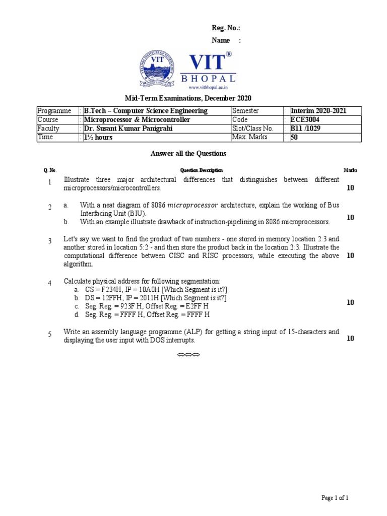 B11 1029 Mpmc Ece3004 Mid Term Qp Pdf Pdf Microprocessor Computer Architecture