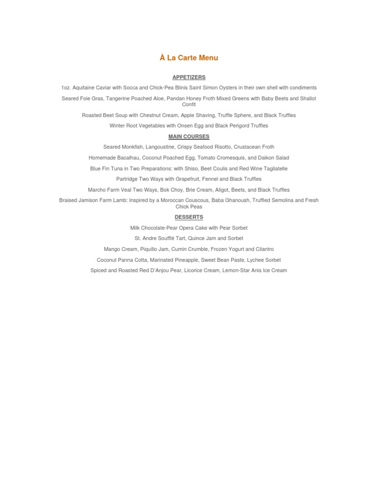 Gourmet À La Carte Menu Highlights | PDF