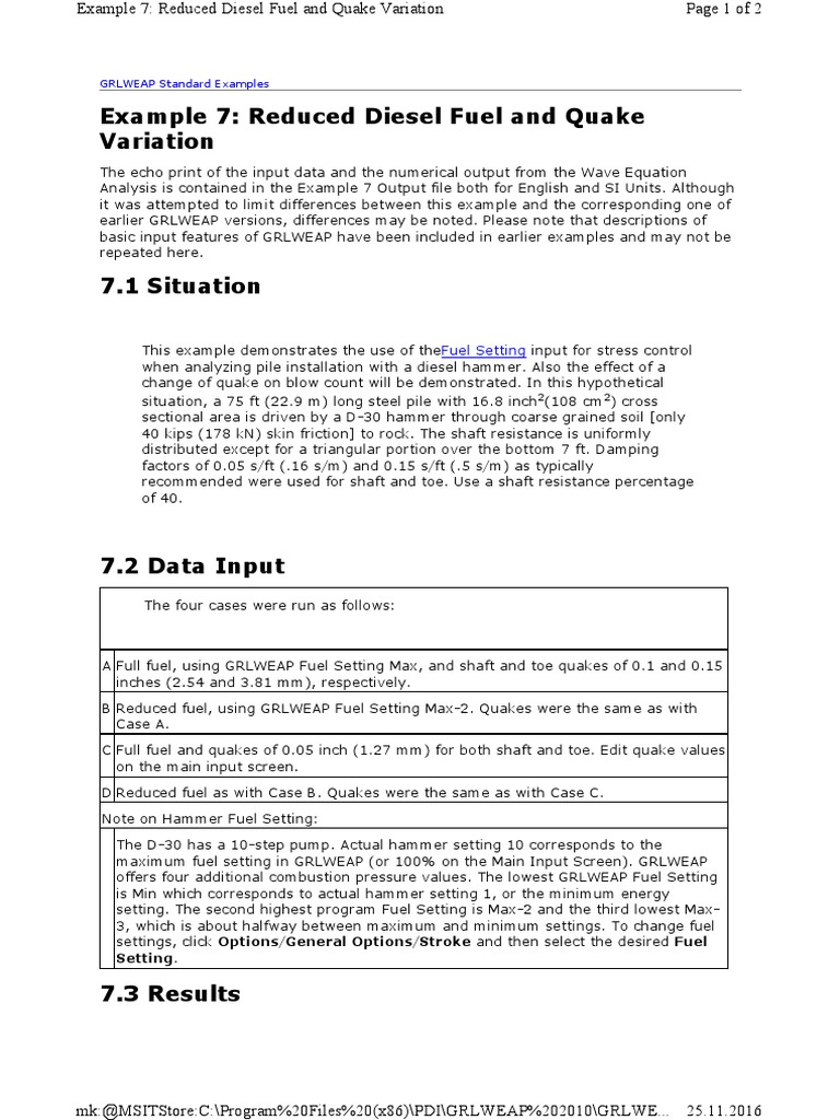 Example 7: Reduced Diesel Fuel and Quake Variation: GRLWEAP Standard ...