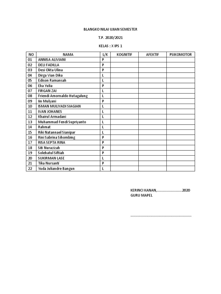 Blangko Nilai Ujian Semester | PDF