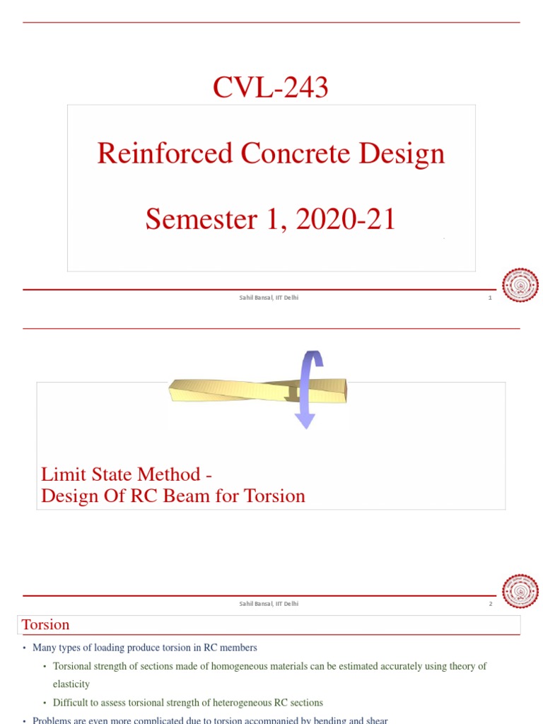 CVL-243 Reinforced Concrete Design Semester 1, 2020-21: Sahil Bansal, IIT Delhi 1 | PDF | Beam ...
