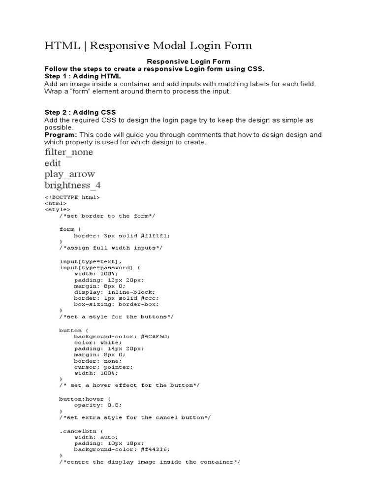 HTML - Responsive Modal Login Form: Filter - None Edit Play - Arrow Brightness - 4 | PDF | Login ...