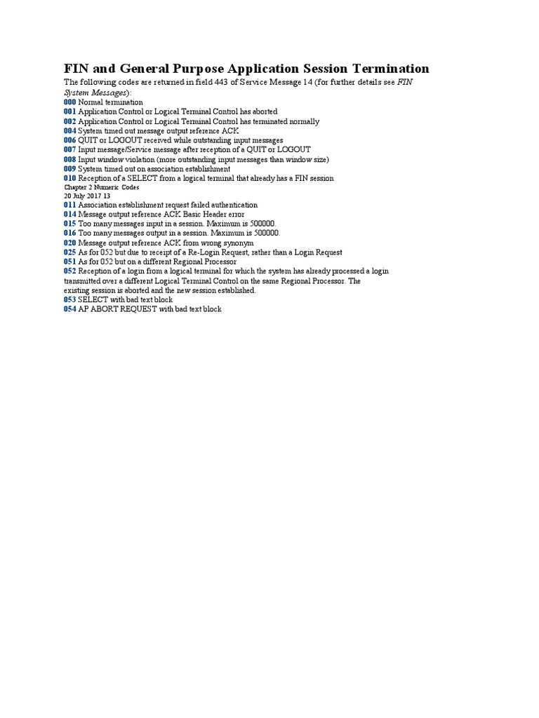 SWIFT FIN and General Purpose Application Session Termination | PDF