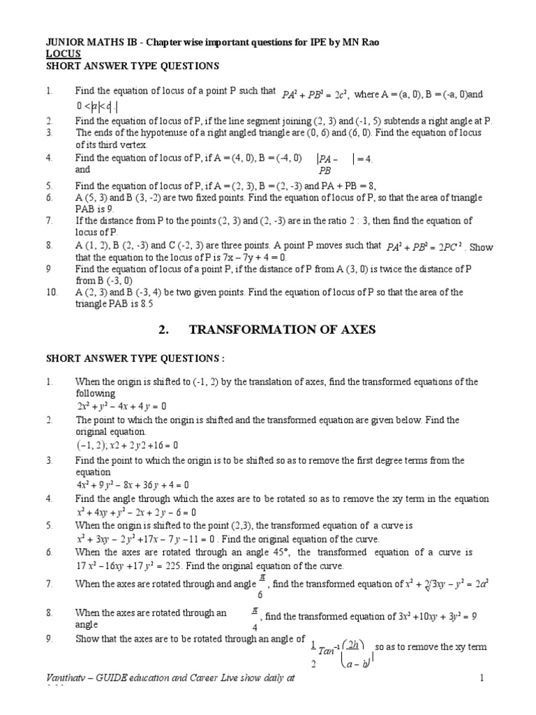 MATHS IB QUESTION BANK Chapter Wise Important Questions For IPE PDF | PDF | Line (Geometry ...