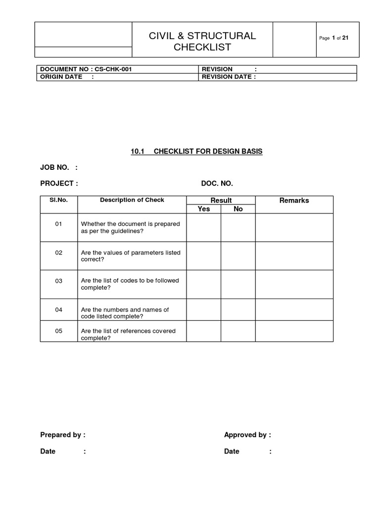 Civil & Structural Department Check Lists - 1 | PDF | Parameter ...