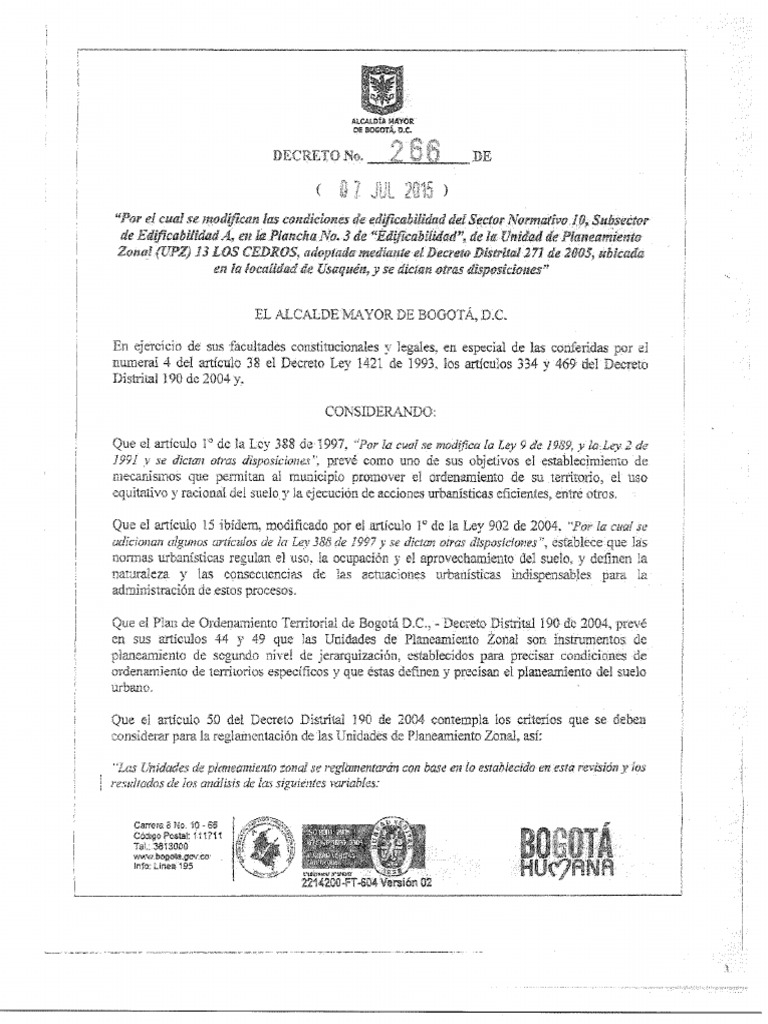 Decreto 266-UPZ 13 Los Cedros PDF | PDF