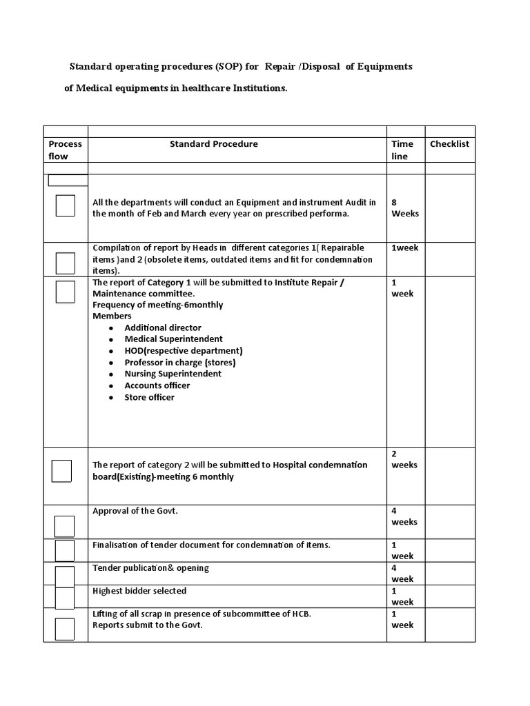 Standard Operating Procedures (SOP) For Repair /disposal of Equipments ...