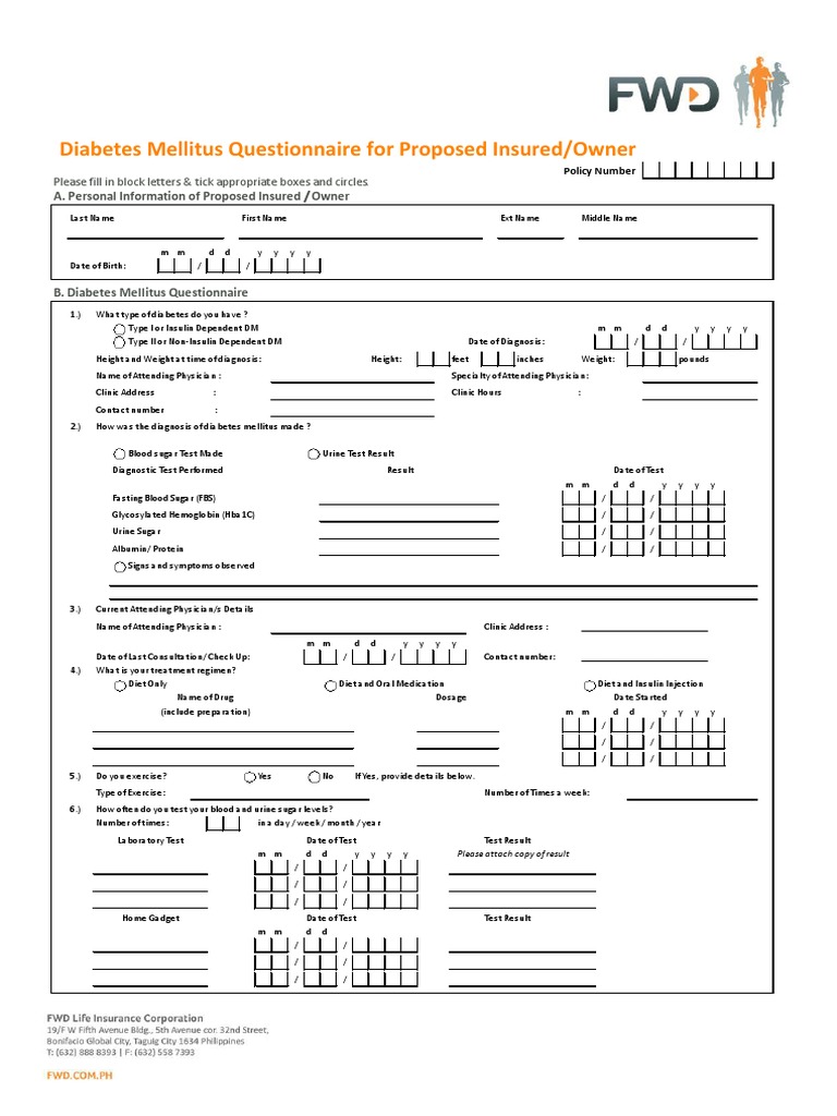 Diabetes Mellitus Questionnaire For Proposed Insured/Owner | PDF ...