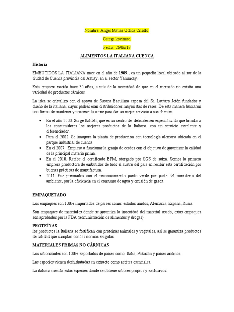 Alimentos La Italiana Cuenca | PDF | jamón | Carne