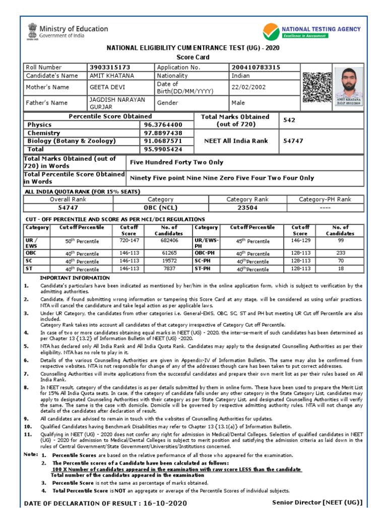 National Eligibility Cum Entrance Test (Ug) - 2020 Score Card | PDF